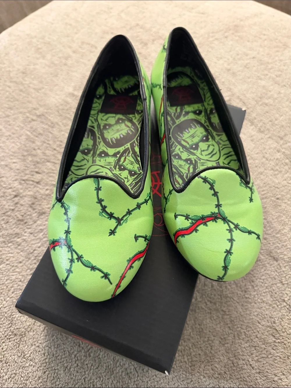 Strange Cvlt | Shoes | Neon Green Graphic Slipon Flats With Stitch ...